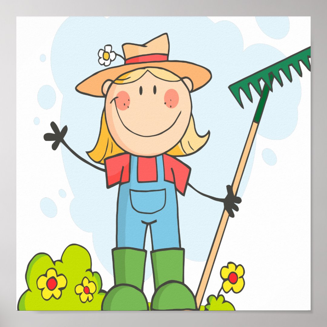 cute stick figure girl gardener farmer poster | Zazzle