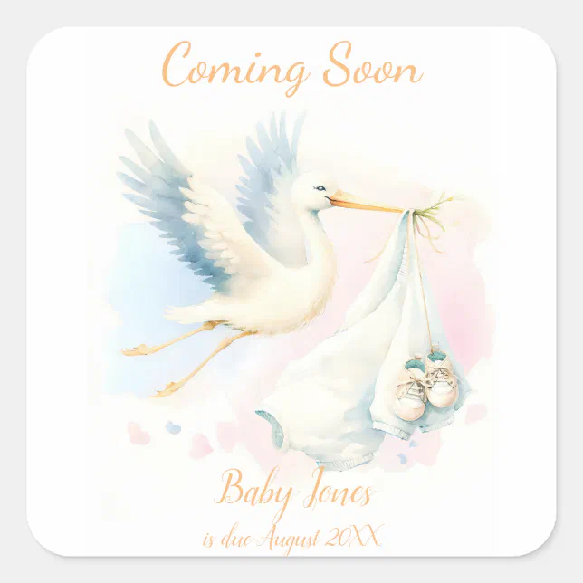 Cute Stork coming soon announcement Invitation Square Sticker | Zazzle