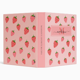 Cute Strawberries Cookbook Monogram Recipe 3 Ring Binder | Zazzle