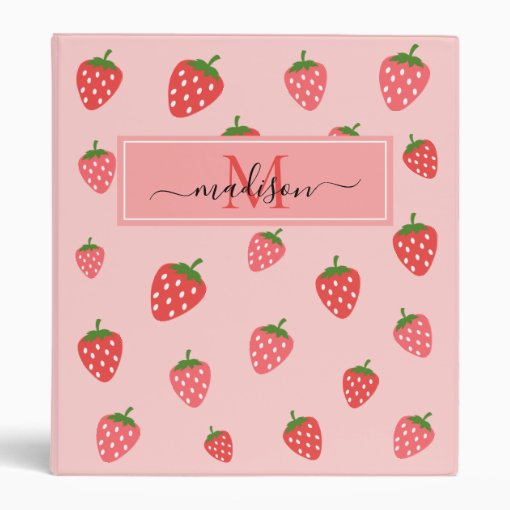 Cute Strawberries Cookbook Monogram Recipe 3 Ring Binder | Zazzle
