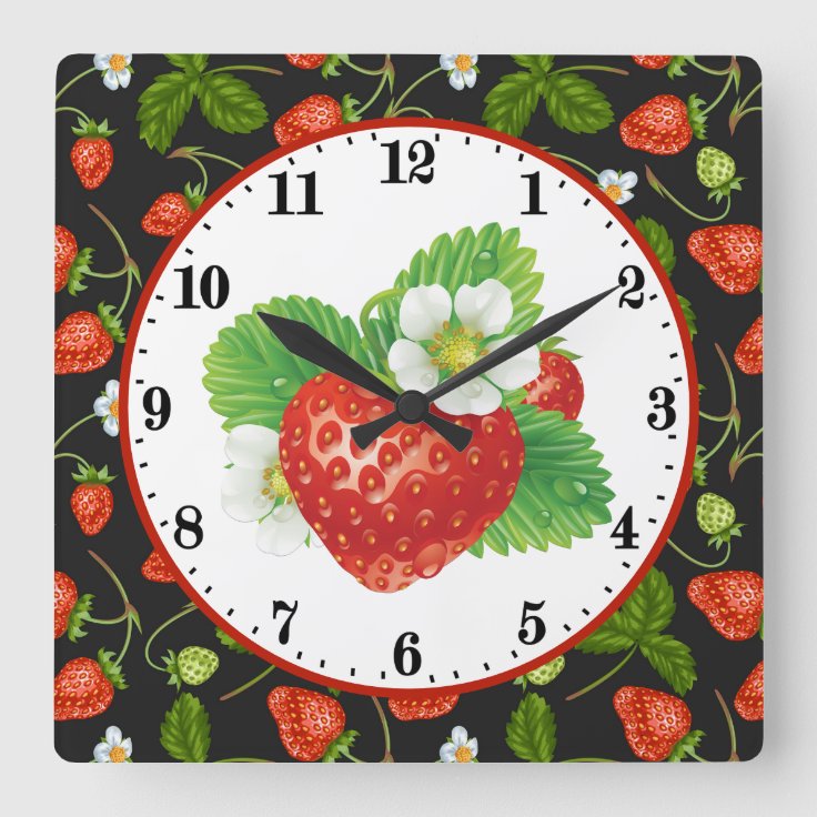 cute strawberry lovers kitchen square wall clock | Zazzle