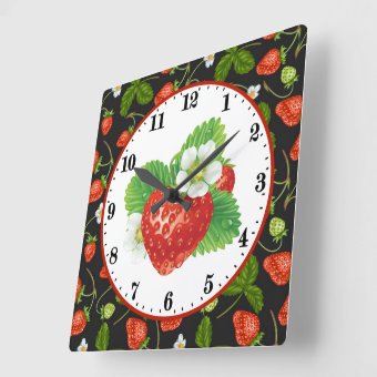 cute strawberry lovers kitchen square wall clock | Zazzle