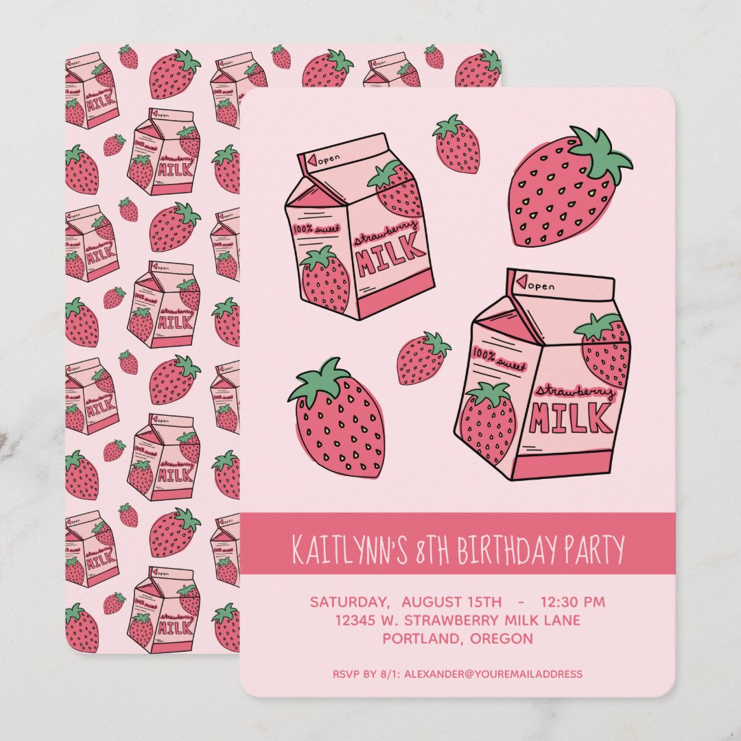 Cute Strawberry Milk Birthday Party Invitation | Zazzle