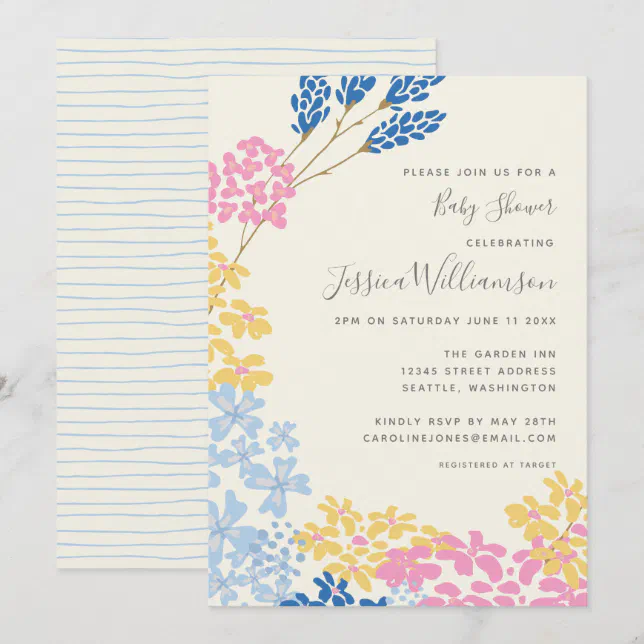 Cute Summer Blue and Yellow Flowers Baby Shower Invitation | Zazzle
