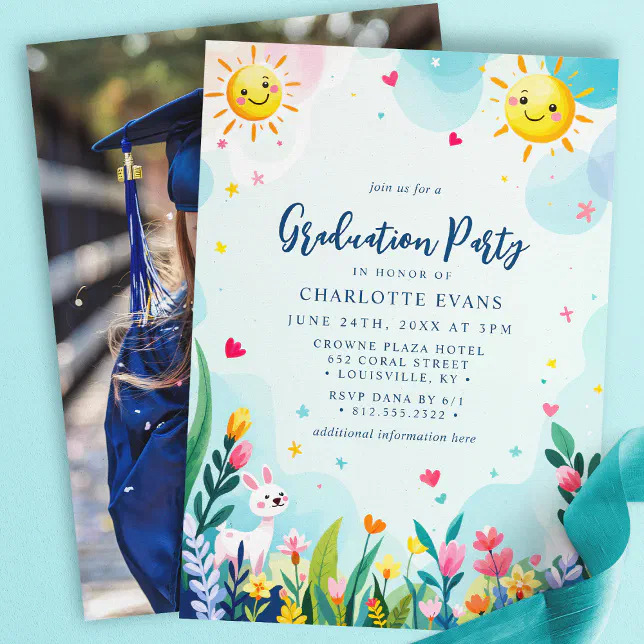 Cute Sun Bunny Floral Kindergarten Graduation Invitation | Zazzle