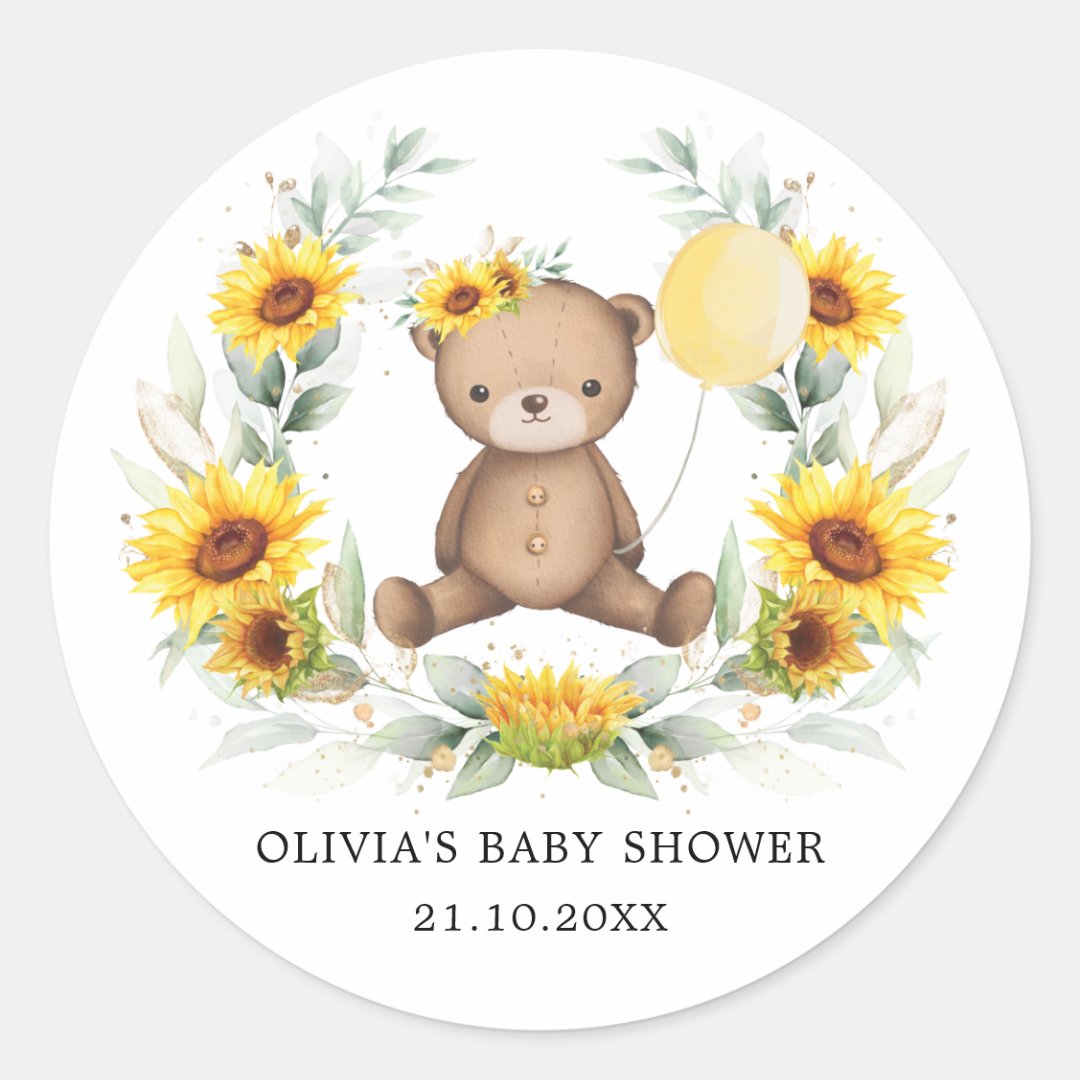 Cute Sunflower Teddy Bear Greenery Wreath Balloon Classic Round Sticker ...