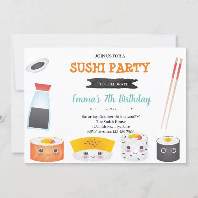 Cute Sushi birthday party invitation | Zazzle