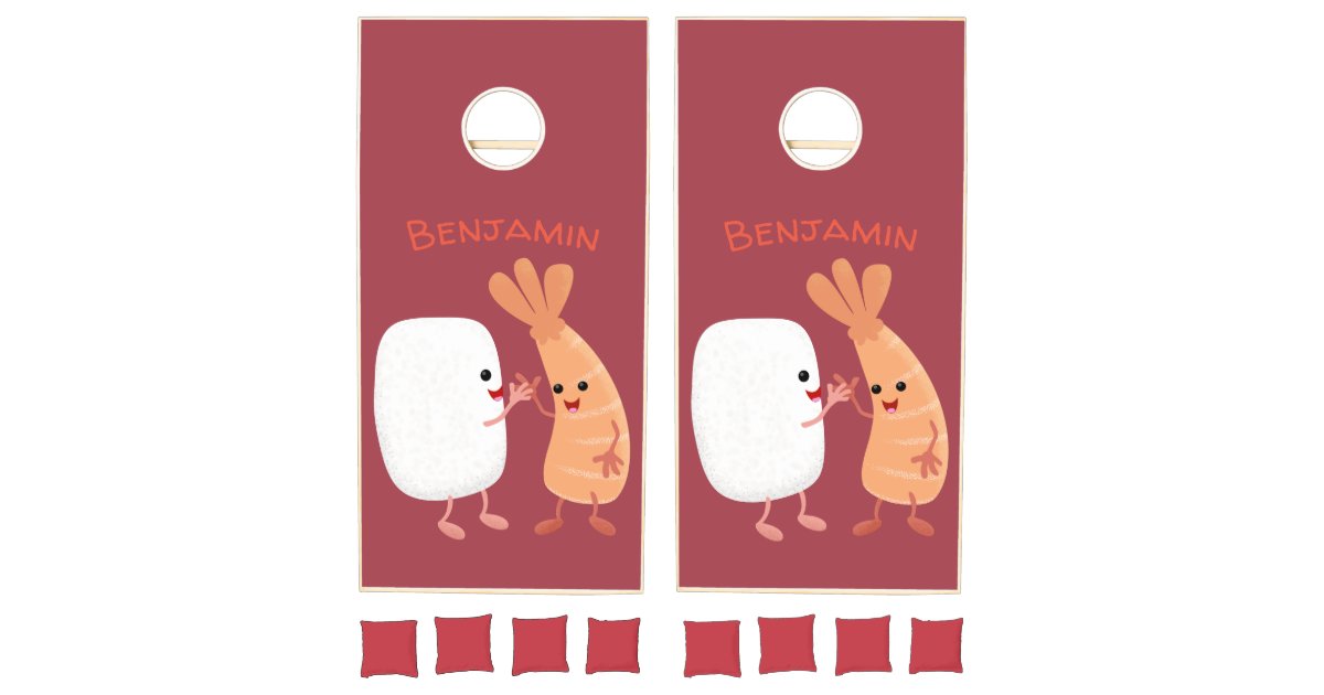 Cute sushi rice prawn friends cartoon cornhole set | Zazzle
