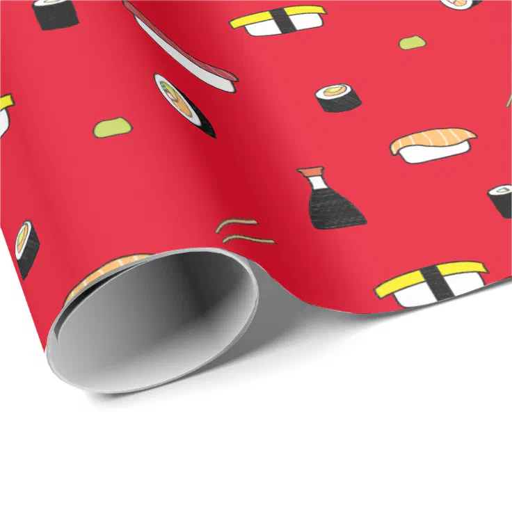 Cute Sushi Roll Set Pattern Nigiri Maki | Red Wrapping Paper | Zazzle