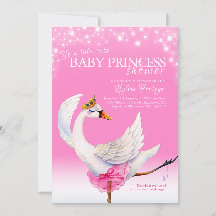 Cute swan lake pink ballet baby shower invitations | Zazzle