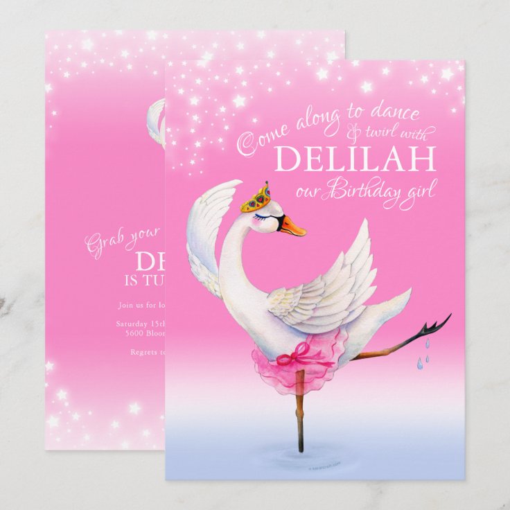 Cute swan on lake ballet 2nd birthday invitations | Zazzle