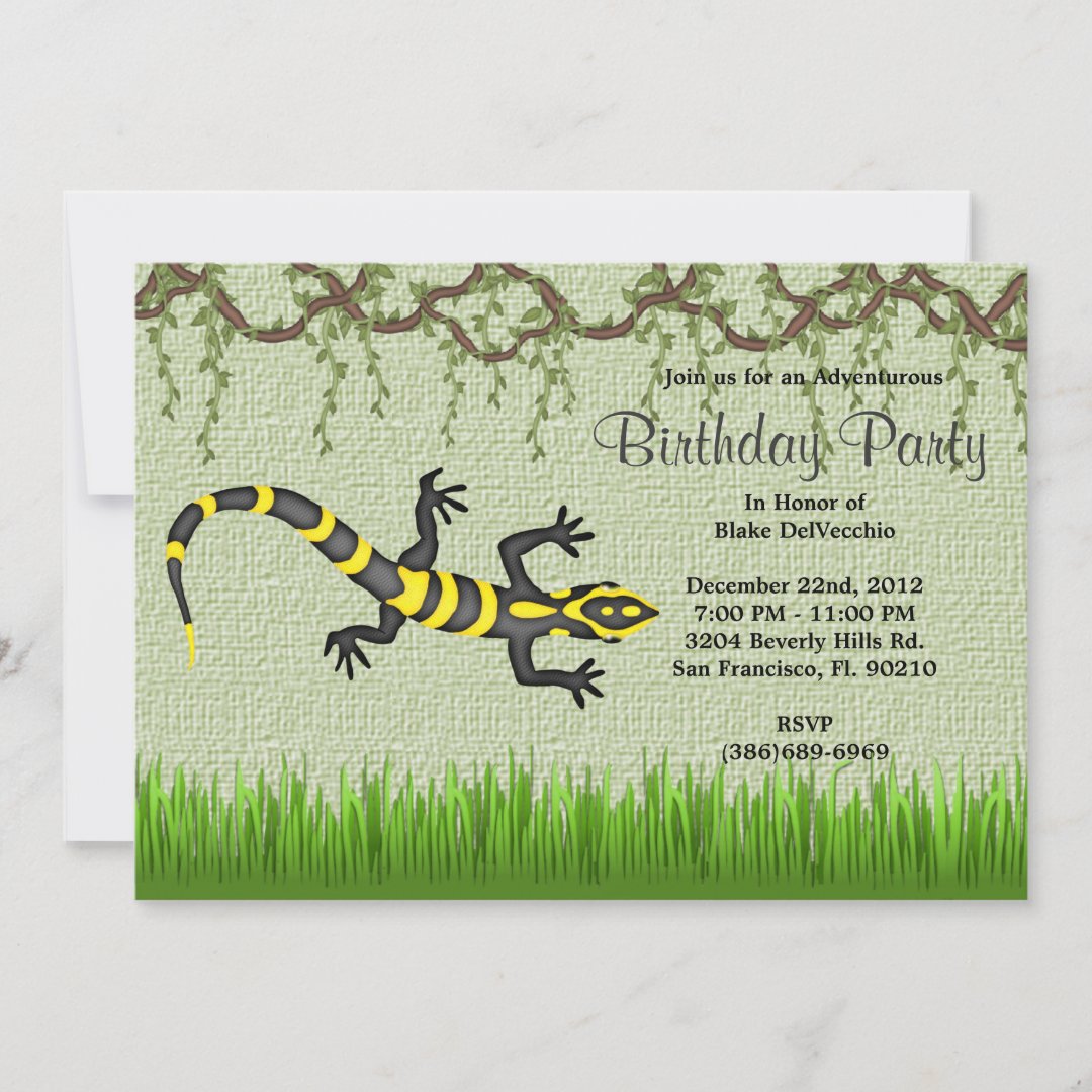 CUTE Sweet Black Lizard Vines Jungle Birthday Invitation | Zazzle