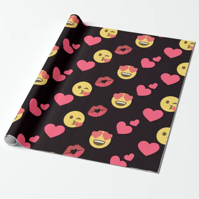 cute sweet emoji love hearts kiss lips pattern wrapping paper | Zazzle
