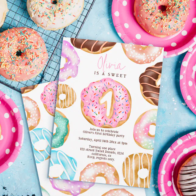 Cute Sweet One watercolor donuts 1st birthday Invitation | Zazzle