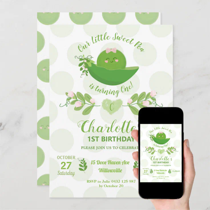 Cute Sweet Pea in a Pod Birthday Girl Invitation | Zazzle