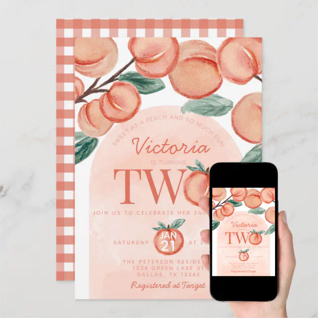 Cute Sweet Peach turning TWO 2nd Birthday Party Invitation | Zazzle