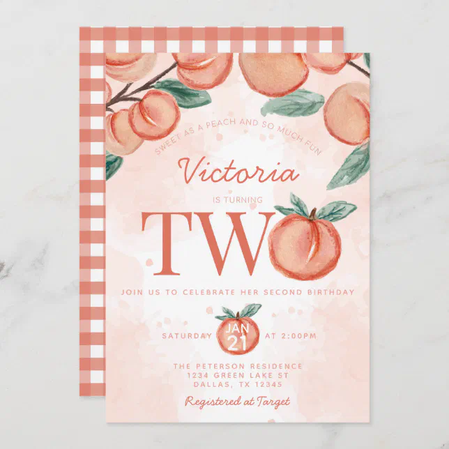 Cute Sweet Peach turning TWO Second Birthday Party Invitation | Zazzle