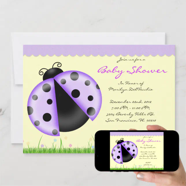 CUTE Sweet Purple Lady Bug Baby Shower Invitation | Zazzle
