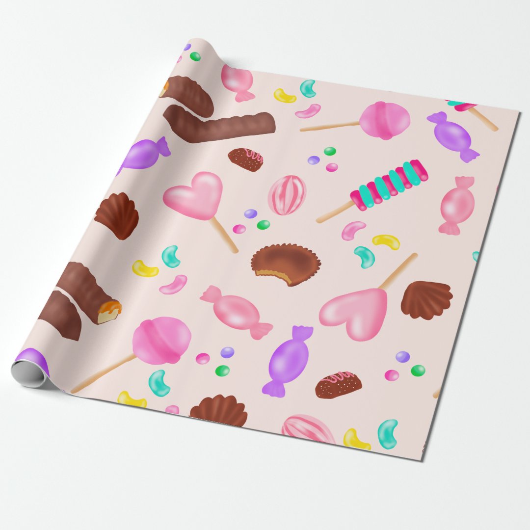 Cute sweets candy illustration kids birthday party wrapping paper | Zazzle