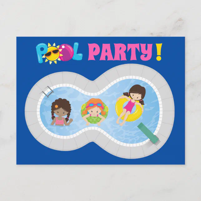 Cute Swimming Girls Birthday Pool Party Invitation Postcard | Zazzle