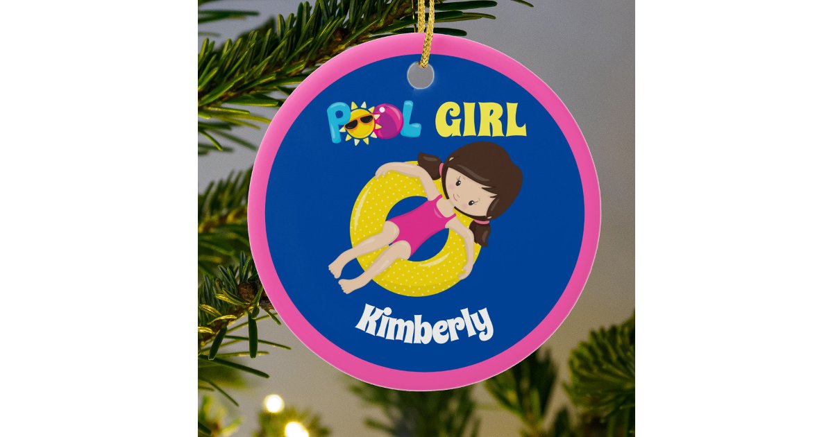 Cute Swimming Pool Girl Custom Pink Blue Ceramic Ornament | Zazzle