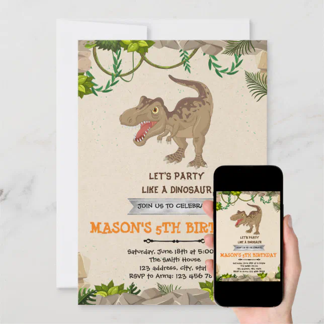 Cute t-rex dinosaur birthday party invitation | Zazzle