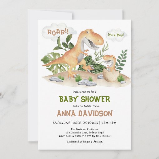 Cute T-Rex Dinosaur Boy Baby Shower Invitation | Zazzle