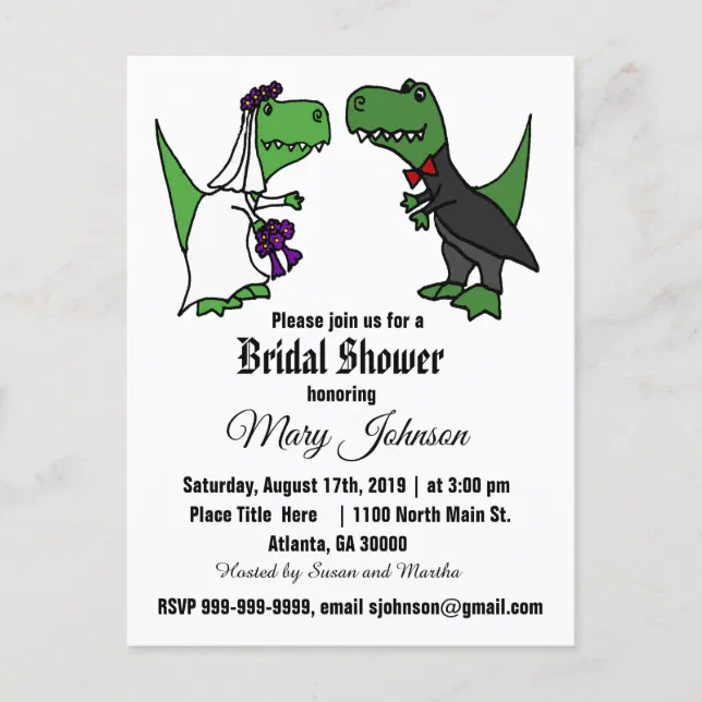 Cute T-rex Dinosaur Bride and Groom Bridal Shower Invitation Postcard ...
