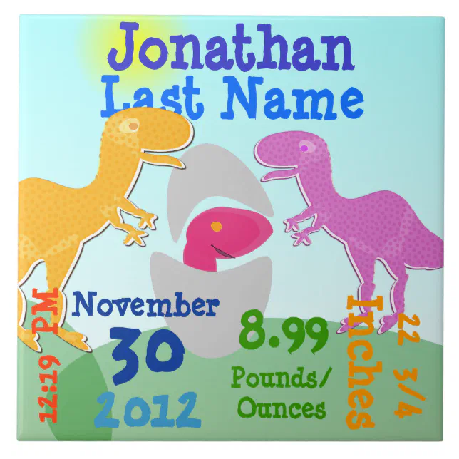 Cute T-Rex Dinosaurs Newborn Egg Boy Birth Tile | Zazzle