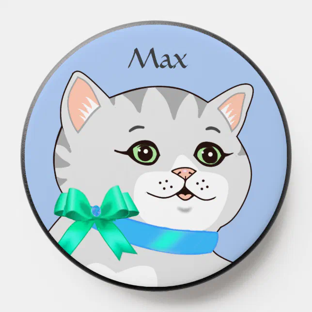 Cute Tabby Anime Cat Face on Light Blue PopSocket | Zazzle