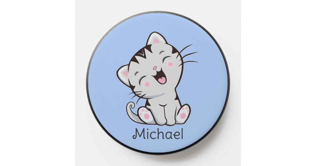 Cute Tabby Anime Cat on Light Blue PopSocket | Zazzle
