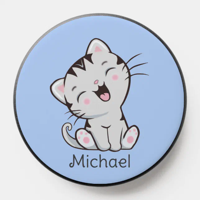 Cute Tabby Anime Cat on Light Blue PopSocket | Zazzle