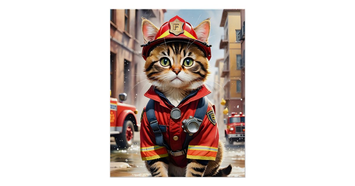 Cute Tabby Cat in Firefighter Uniform Watercolor Poster | Zazzle