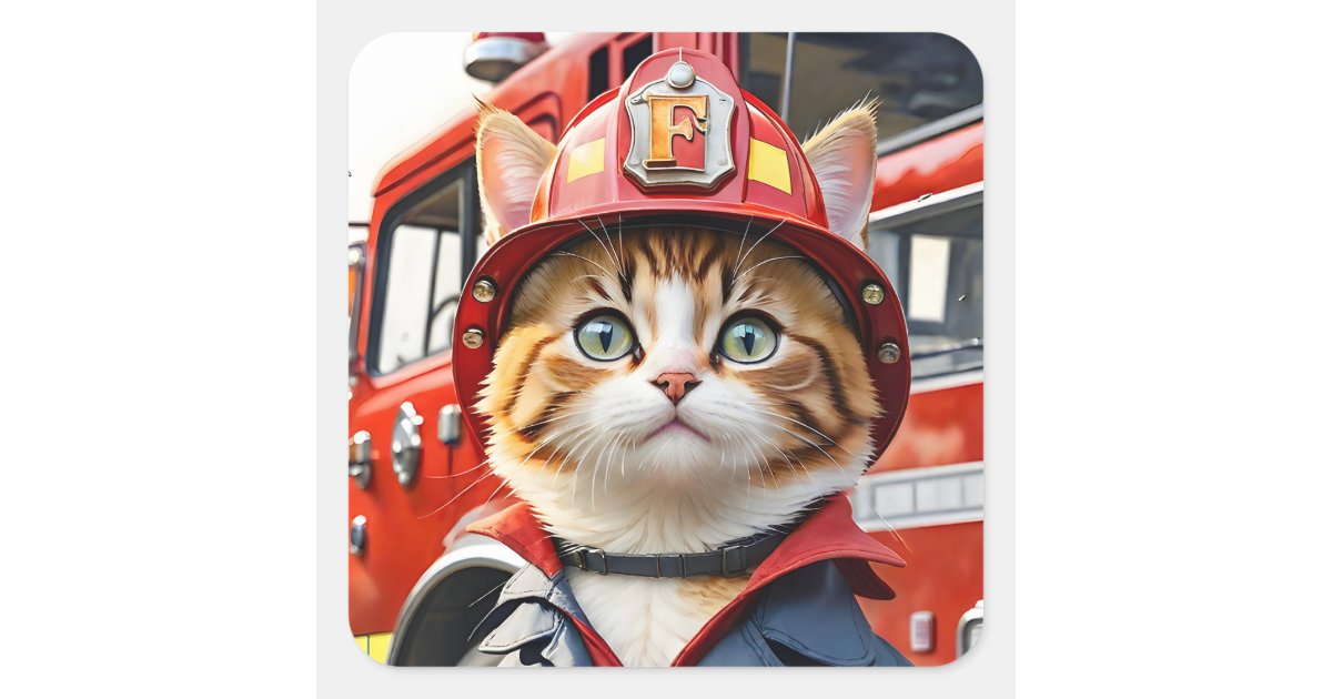Cute Tabby Cat in Firefighter Uniform Watercolor Square Sticker | Zazzle