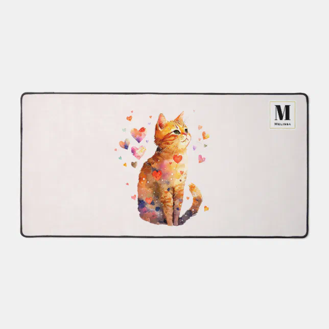 Cute Tabby Cat with Hearts Monogram Desk Mat | Zazzle