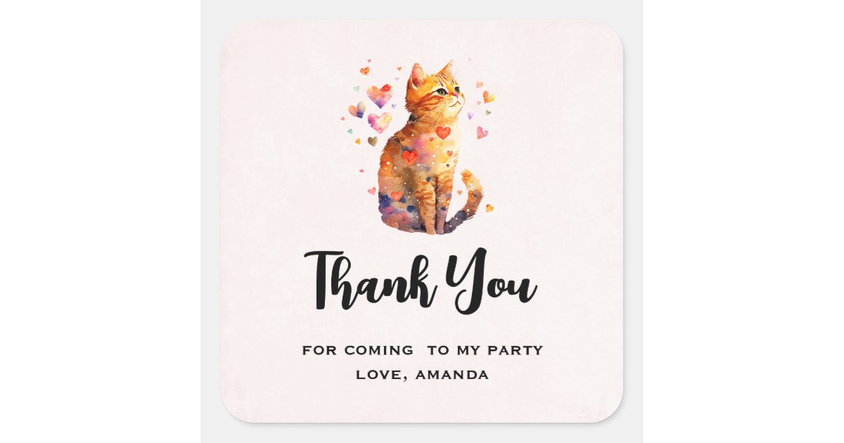 Cute Tabby Cat with Hearts Party Thank You Square Sticker | Zazzle