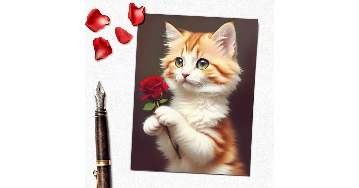 Cute Tabby Ginger Cat Holding a Red Rose Postcard | Zazzle