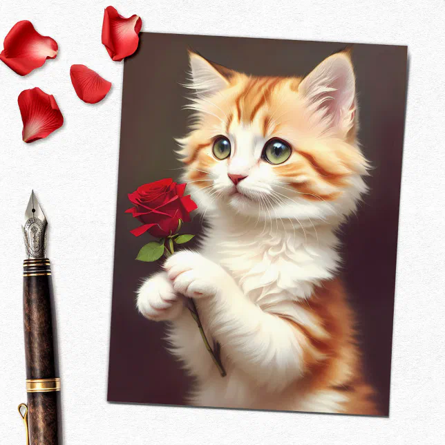 Cute Tabby Ginger Cat Holding a Red Rose Postcard | Zazzle