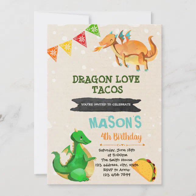 Cute taco dragon theme party invitation | Zazzle