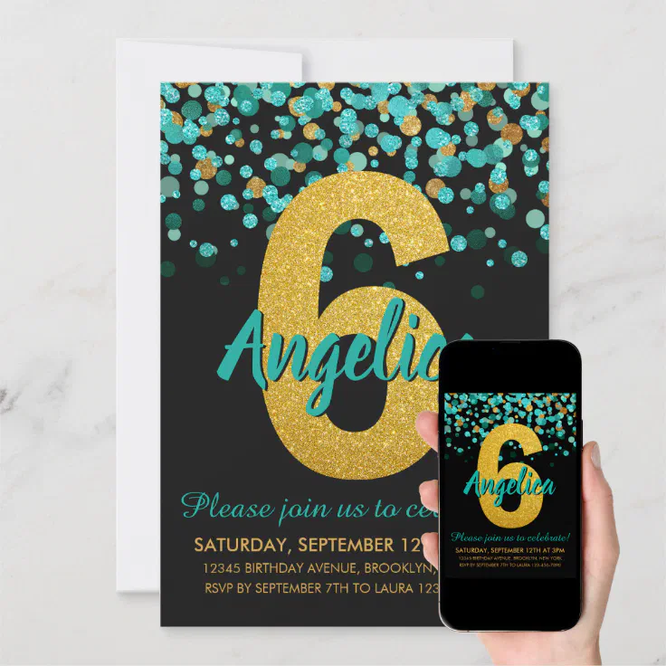 Cute Teal Gold Glitter Black Confetti 6th Birthday Invitation | Zazzle
