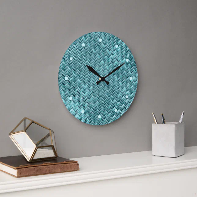 Cute Teal Turquoise Blue Faux Rattan Weave Pattern Large Clock | Zazzle