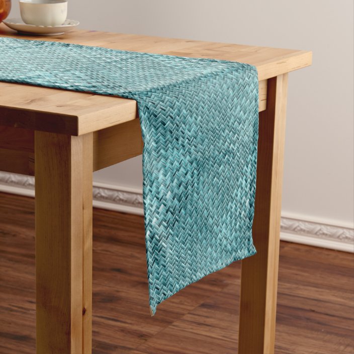 Cute Teal Turquoise Blue Faux Rattan Weave Pattern Medium Table Runner ...