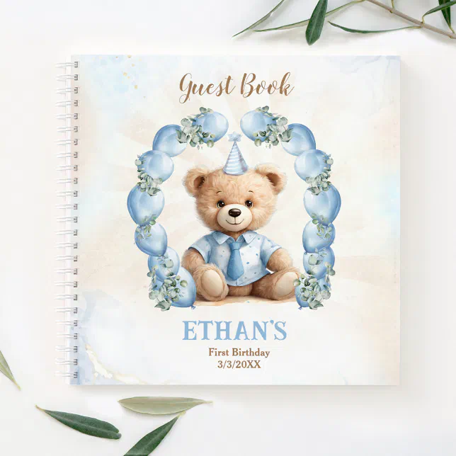 Cute Teddy Bear 1st Birthday Blue Guest Book | Zazzle