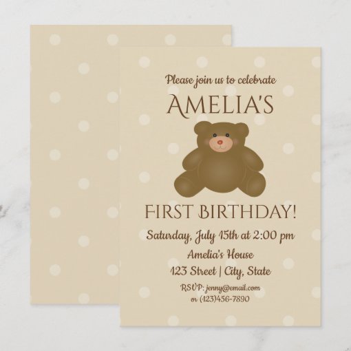 Cute Teddy Bear Baby First Birthday Invitation | Zazzle