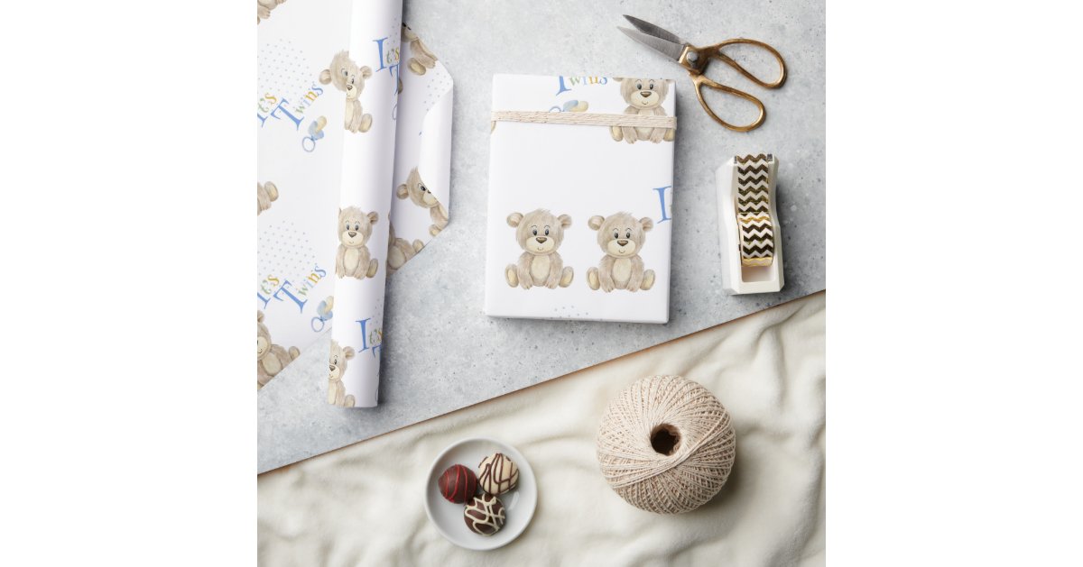 Cute Teddy Bear Blue it’s Twins Baby Shower Wrapping Paper | Zazzle