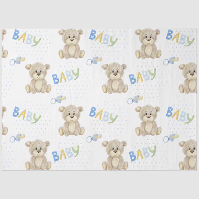 Cute Teddy Bear Blue Polkadots Baby Boy Tissue Paper | Zazzle