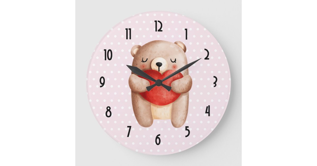 Cute Teddy Bear Carrying a Red Heart on Polka Dots Large Clock | Zazzle