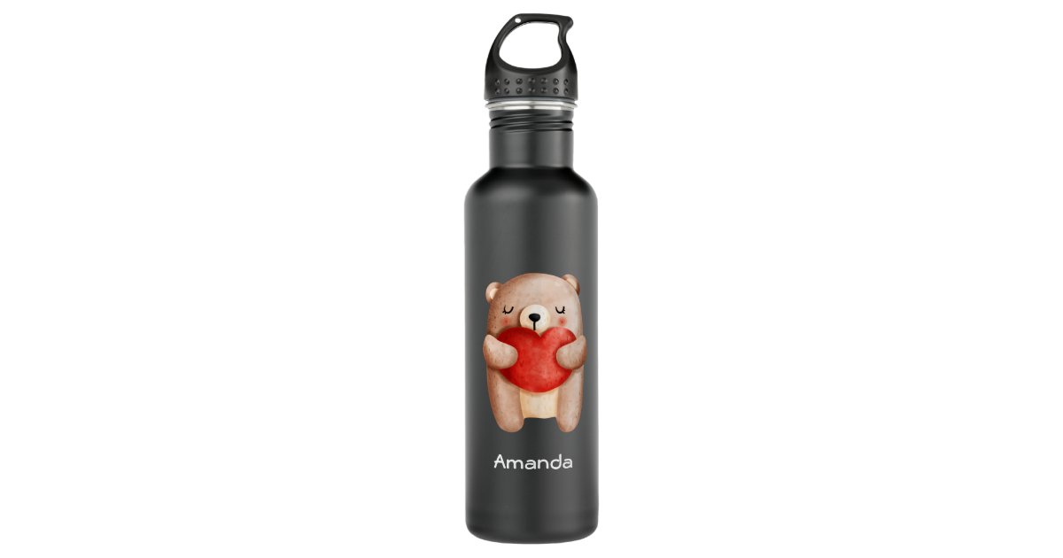 Cute Teddy Bear Carrying a Red Heart Stainless Steel Water Bottle | Zazzle