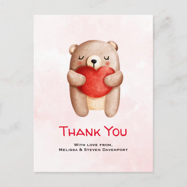 Cute Teddy Bear Carrying a Red Heart Thank You Postcard | Zazzle
