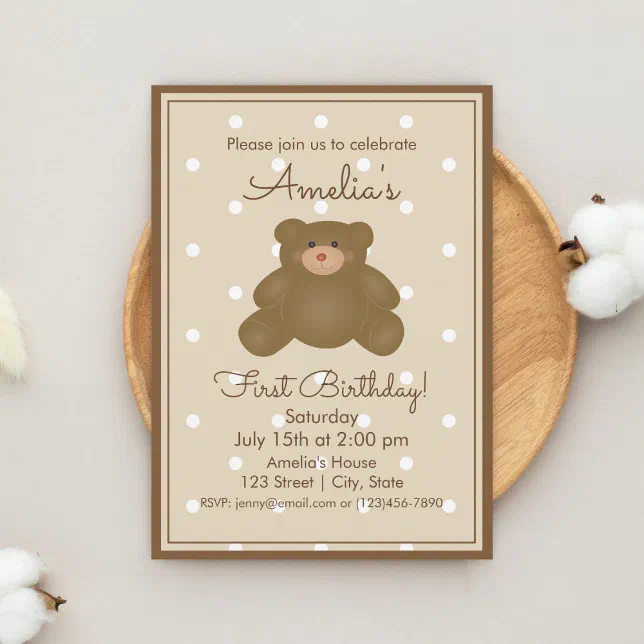 Cute Teddy Bear Cub Baby First Birthday Kids Party Invitation | Zazzle